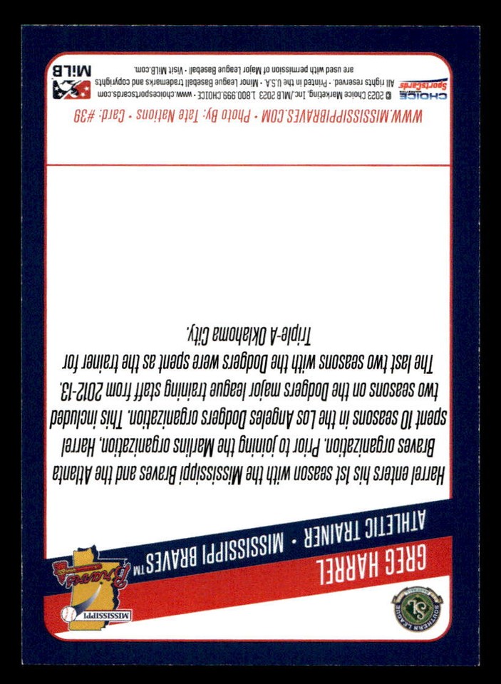 Greg Harrel 2023 Choice Mississippi Braves #39 Mississippi Braves | eBay