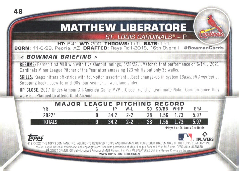2023 Bowman Baseball #48 Matthew Liberatore RC (D) (C4) | eBay