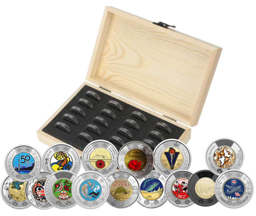 🇨🇦 Canada Colored Toonie $2 Dollar 15-Coin Full Set in Wood case box ...