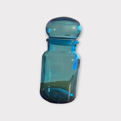 Vintage Blue Glass container Apothecary bottle jar bubble lid 7" MCM ...