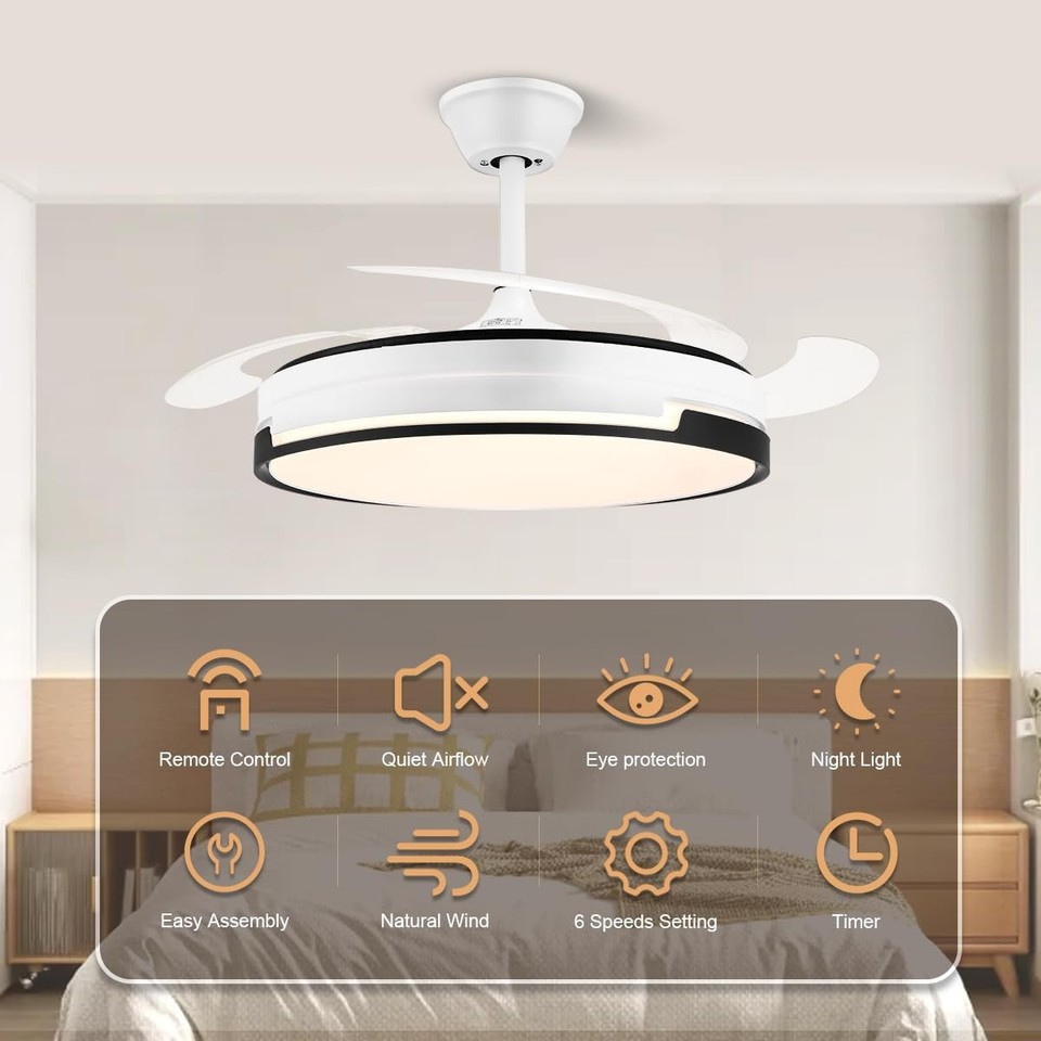 42" Smart Retractable Ceiling Fan Light with 3-Color Light & Remote ...