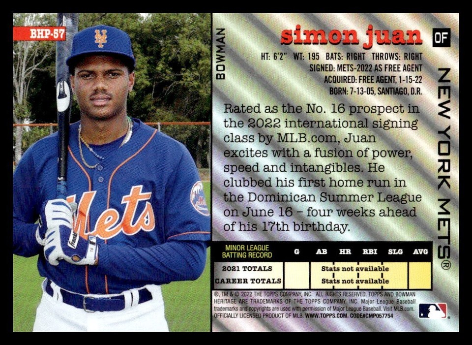 2022 Bowman Heritage #BHP-57 Simon Juan New York Mets | eBay