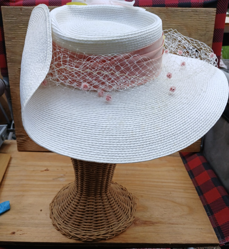 Vintage Whittall & Shon White Wide Brim Hat Kentucky Derby Church Polo ...