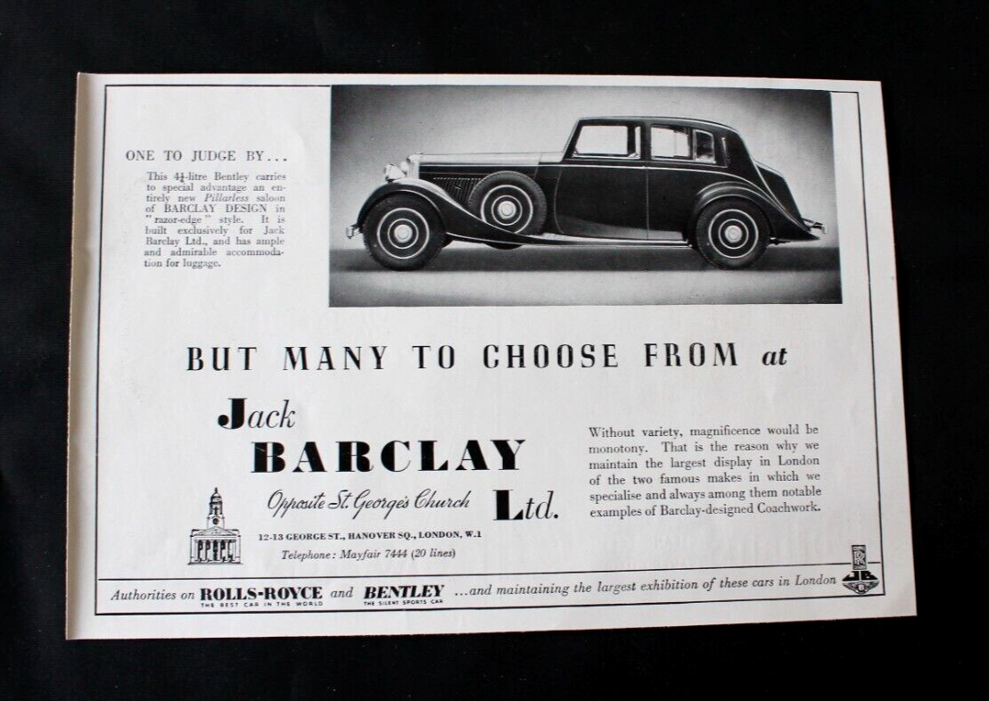 1937 Print Advert 'JACK BARCLAY FOR ROLLS ROYCE & BENTLEY' 8.5" x 5.5 ...
