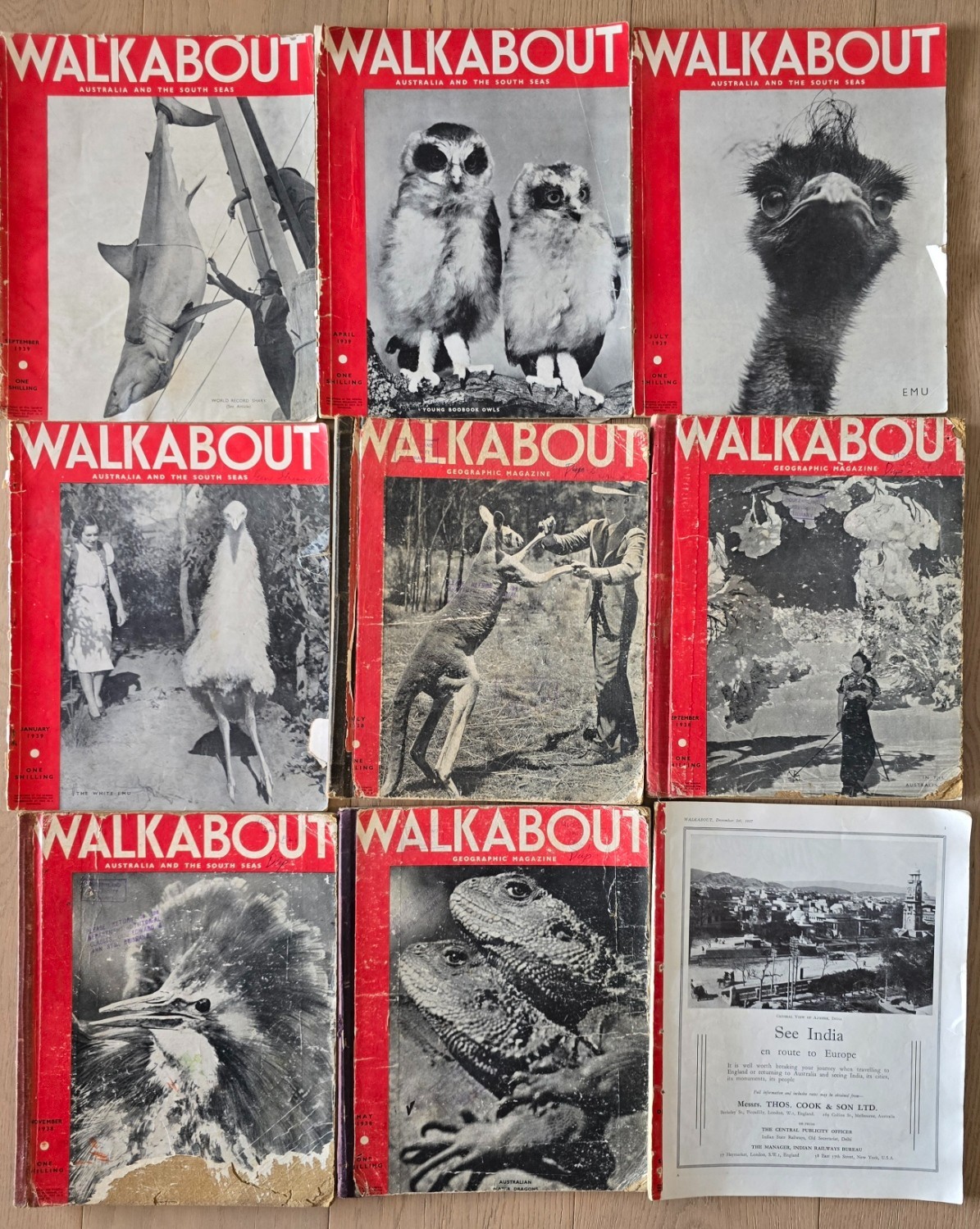 9 x 1930s WALKABOUT MAGAZINES Australiana Sharks Kangaroo Emu Birds ...