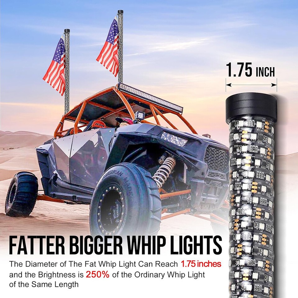 Truck 1ft RGB LED Fat Whip Lights Remote Spiral Chasing Thick for ...