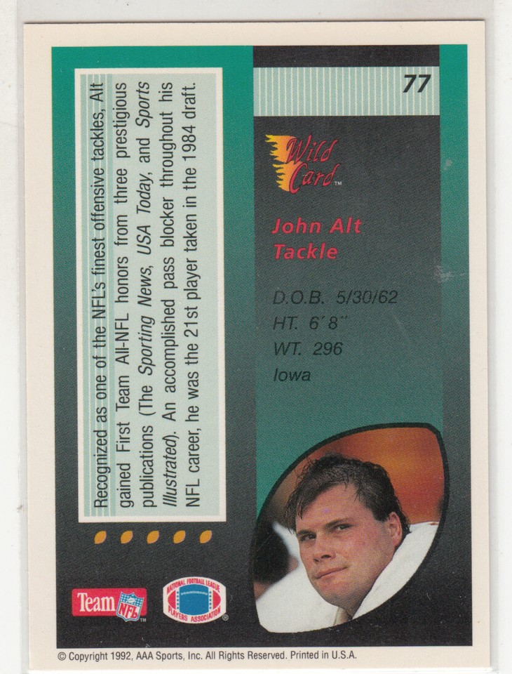 JOHN ALT 1992 Wild Card NFL #77 Parallel 5 Stripe Kansas City Chiefs ...
