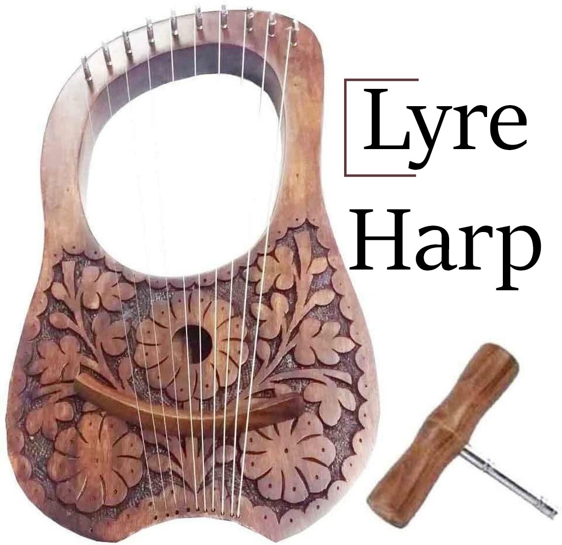 Rosewood Lyre Harp 10 Metal Strings Flower Design with Tuning Key | eBay