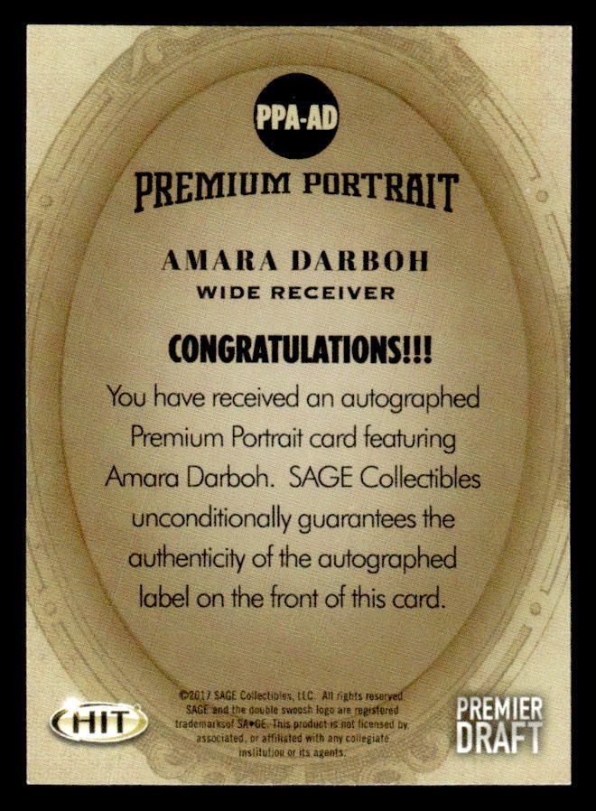 2017 SAGE HIT #PPA-AD Amara Darboh Premium Portrait Autographs | eBay