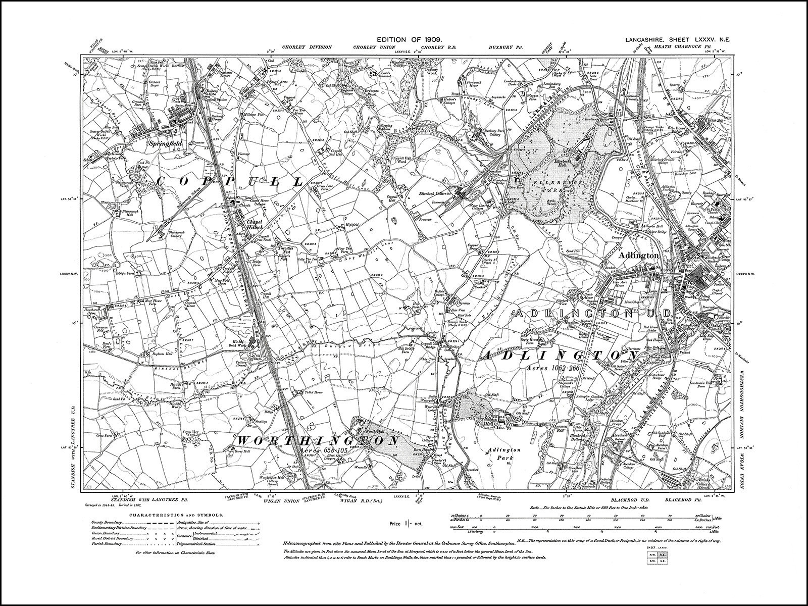 Old map of Adlington, Springfield, Lancashire 1909: 85NE repro | eBay UK