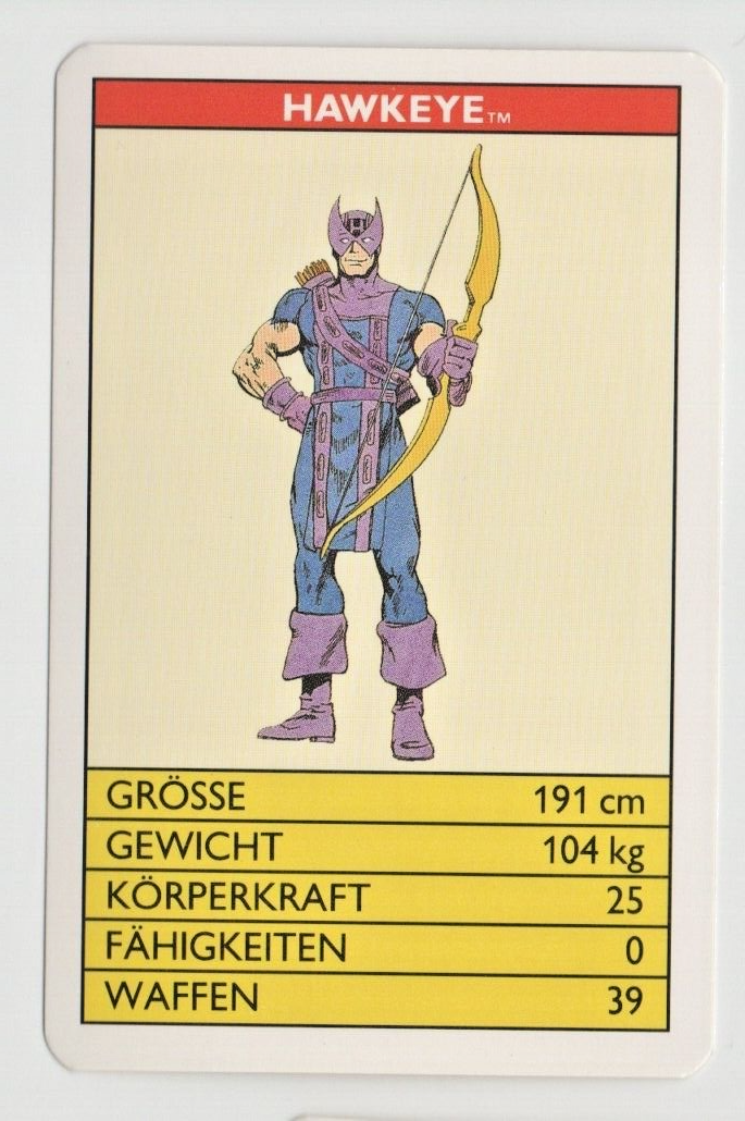 HAWKEYE 1988 SUPER TOP TRUMPS MARVEL HEROES RED BACK GERMAN TRUMPF | eBay