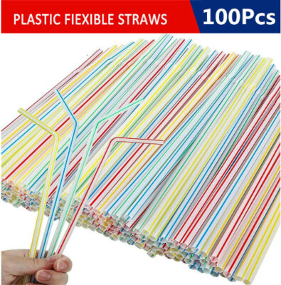 100Pcs Multi Colored Reusable Bendable Drinking Plastic Party Straws ...