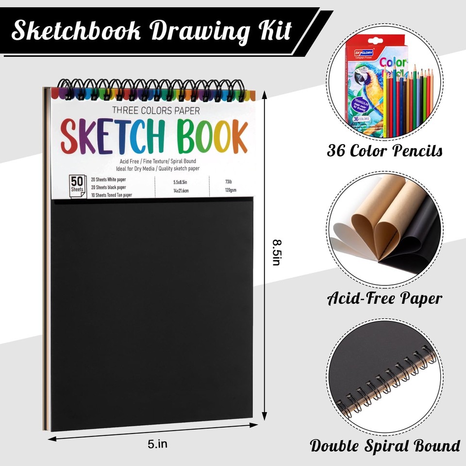 Drawing Sketchbook Kit, A5 Sketch Book with 24 Color Pencils, Three ...