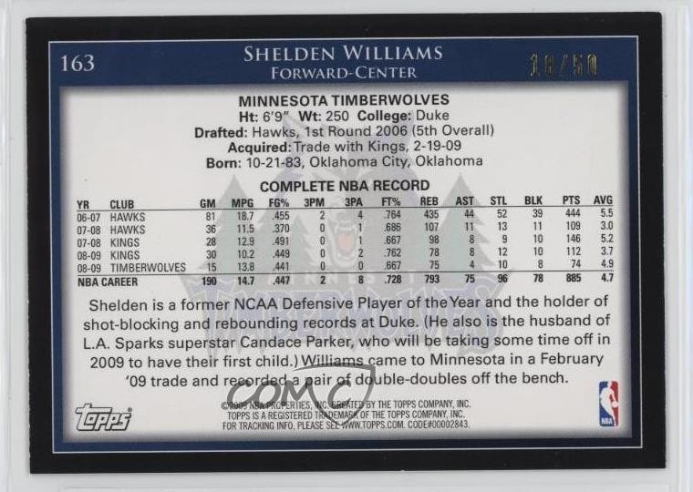 2009-10 Topps Black /50 Shelden Williams #163 | eBay