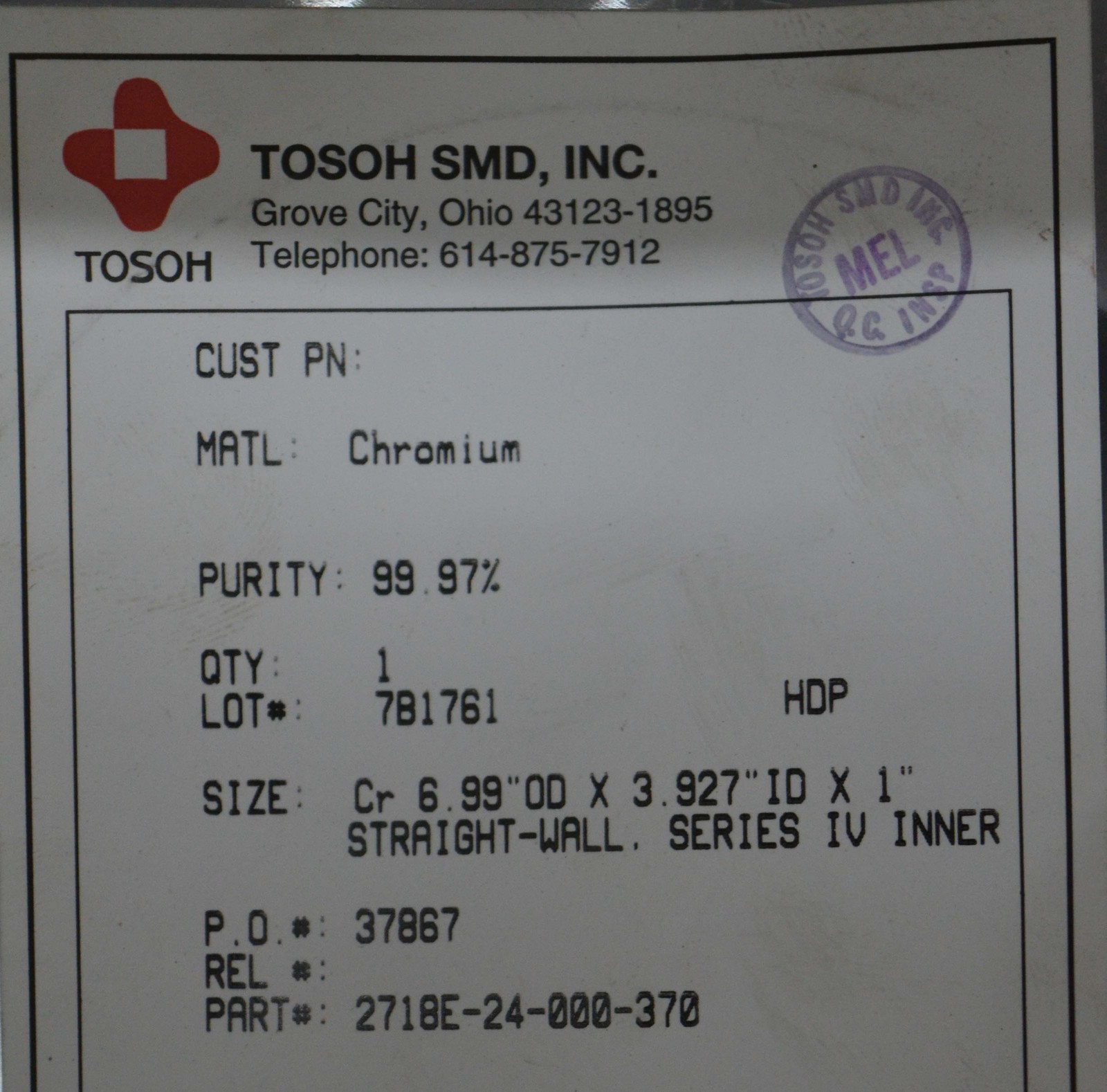 Tosoh SMD Chromium Target 99.97 #2718-24-000-370 ++ NEW ++ | eBay