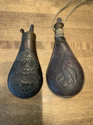 Antique Black Powder Flask & Shot Pouch - Brass & Leather- Rabbit & Dog ...