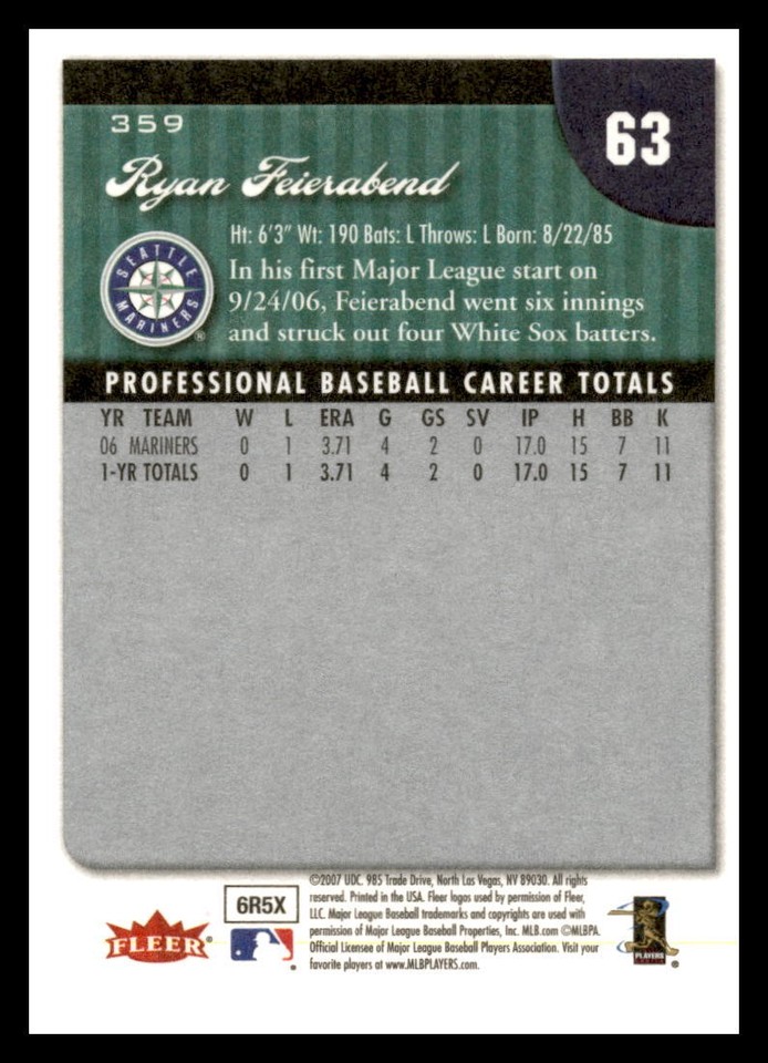 2007 Fleer #359 Ryan Feierabend Seattle Mariners Baseball Card Rookie ...