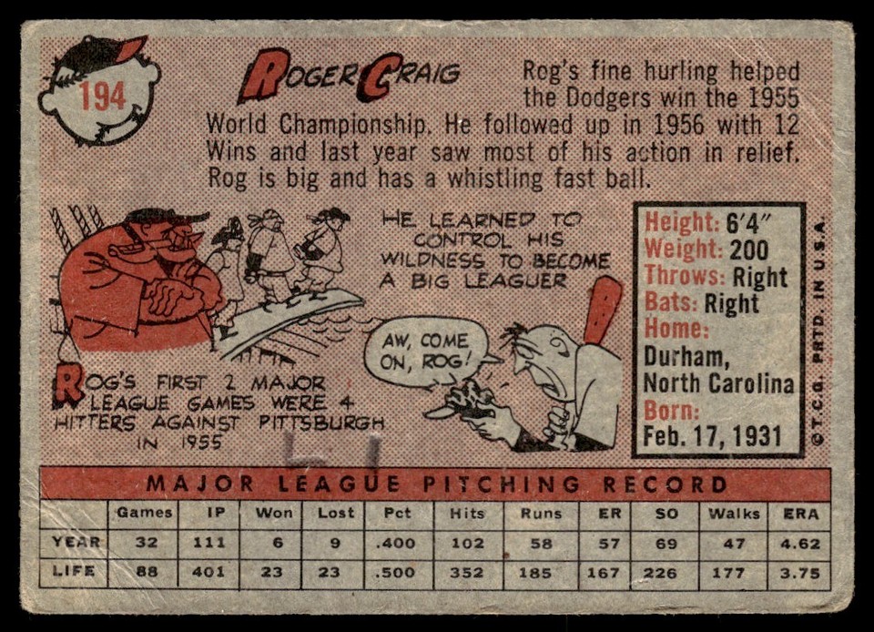 1958 Topps Roger Craig (MK) Los Angeles Dodgers #194 | eBay
