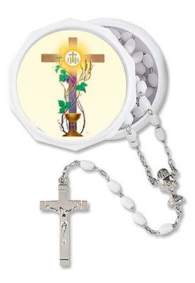 White Bead IHS Chalice Center 6MM First Communion Rosary Necklace /Case ...