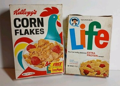 1960's Kellogg's Corn Flakes 12 oz & Quaker LIFE Extra Protein 10oz ...