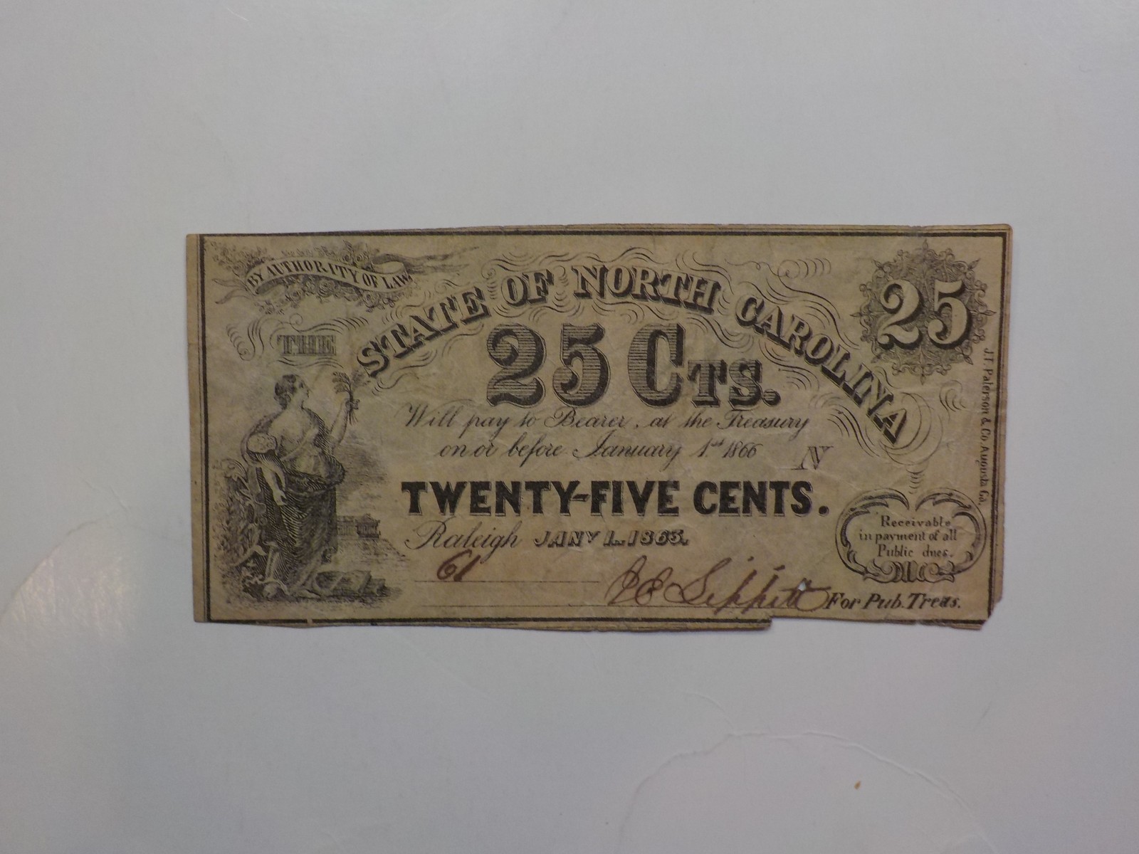 Civil War Confederate 1863 25 Cents Note Raleigh North Carolina Paper ...