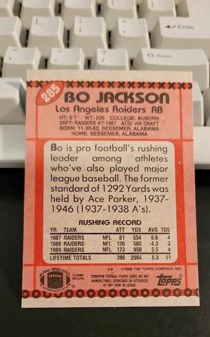 1990 Topps Bo Jackson Los Angeles Raiders #285 NM | eBay