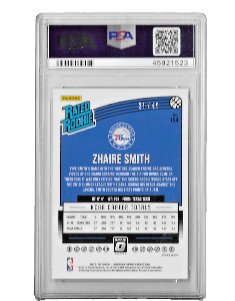 2018 Panini Donruss Optic Zhaire Smith RC Blue 35/49 #154 PSA Graded 10 ...