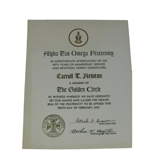 Vintage 1981 Alpha Tau Omega Fraternity Golden Circle Certificate 28847 ...