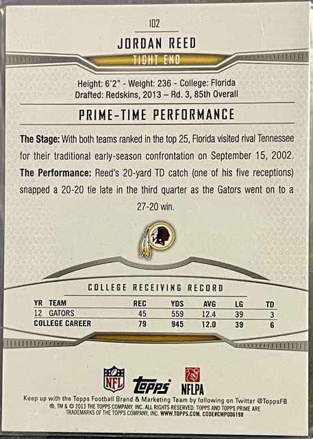 2013 Topps Prime - #102 Jordan Reed (RC) for sale online | eBay