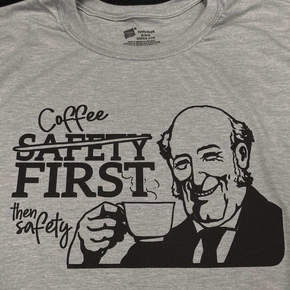 COFFEE FIRST THEN SAFETY T-SHIRT soft blend funny gift quote humor gray ...