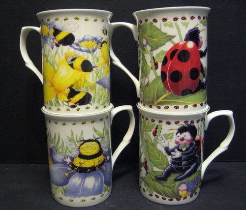 Set of 4 Mugs Bugs Ladybird Bee Castle shape Fine Bone China Mugs Cups ...