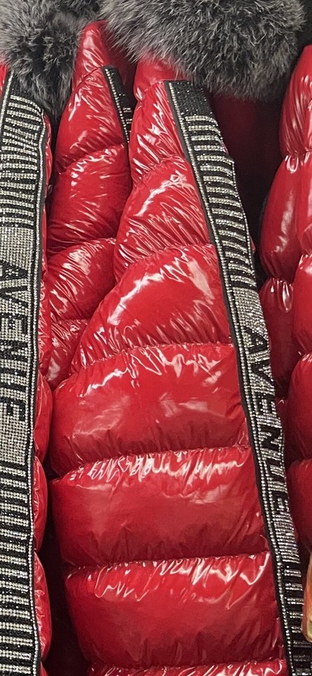 Avenue George V Paris Puffer Jacket Red Rhinestone Warm High Fur on ...