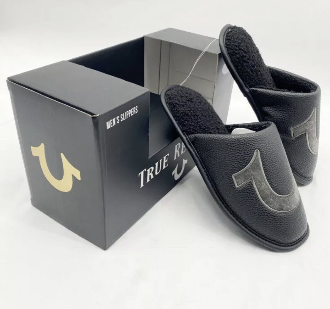 True Religion Premium Leather Slippers Slides Black Gray Men’s Sz (M ...