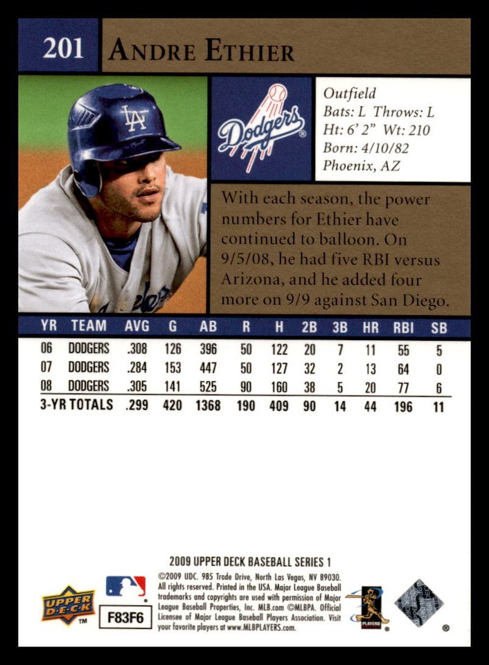 2009 Upper Deck #201 Andre Ethier Los Angeles Dodgers Baseball Card NM ...
