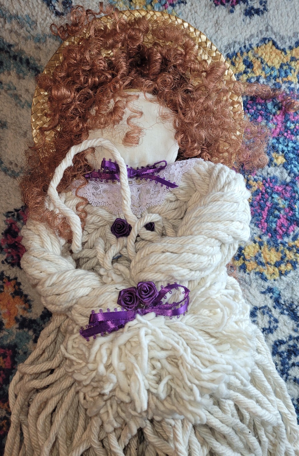 Vintage 24" handmade mop head rag doll with Hat and curly hair EUC ...