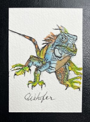 Original Watercolor Painting ACEO Grumpy Lizard ATC Artist Trading Card ...