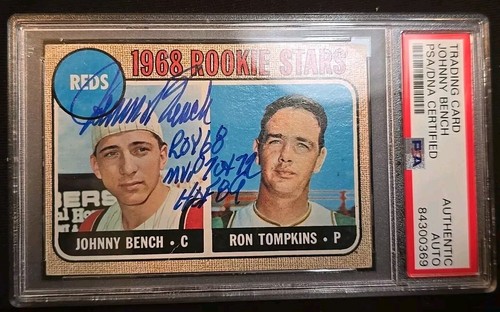 JOHNNY BENCH "HOF 89 ROY 68 NL MVP" Signed 1968 Topps ROOKIE Card #247 ...