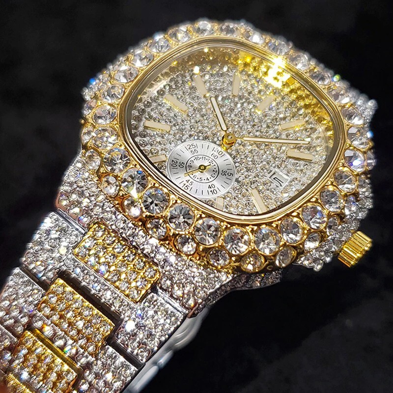 MISSFOX Men's Ice Out Watch Waterproof Silver Gold Lab Diamond Fashion ...