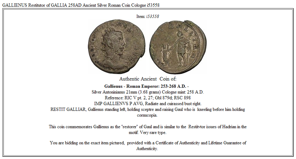 GALLIENUS Restitutor of GALLIA 258AD Ancient Silver Roman Coin Cologne ...