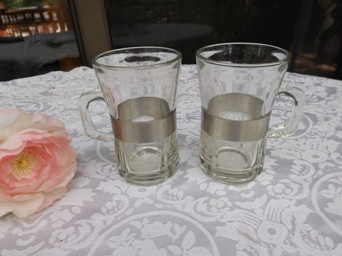 Set of 2 Vintage ( ITALY ?)Cappuccino Glass Mug w/ Stainless Steel ...