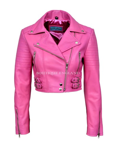 Ladies Short Body Leather Jacket Fuchsia Pink Biker Style 100% REAL ...