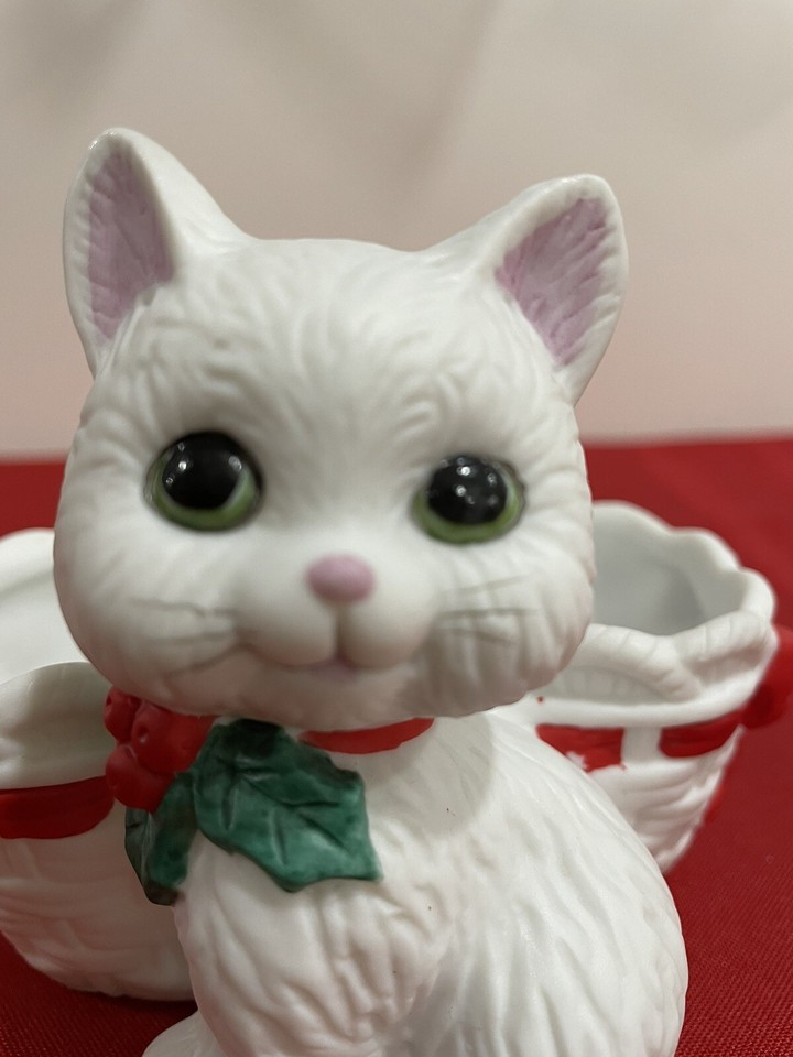 Lefton White Cat with Red Bow Basket Trinket Dish 1985 Excellent! | eBay