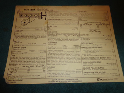 1972 CHEVROLET VEGA 140 I-4 ENGINE SUN TUNE-UP CHART / 2BBL / 90 HP | eBay