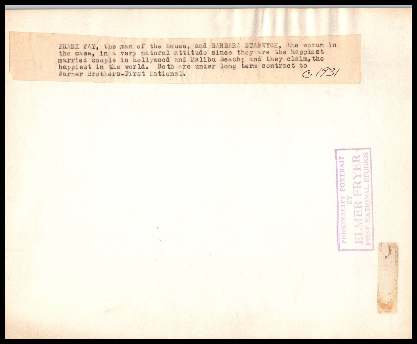 Barbara Stanwyck + RFRANK FAY by ELMER FRYER 1931 PRE-CODE PORTRAIT ...