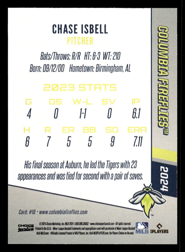 Chase Isbell 2024 Choice Columbia Fireflies #18 Columbia Fireflies | eBay