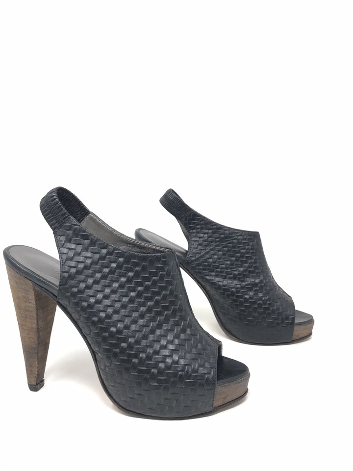 Prune Brand Womens Black Leather Slingback Heels Stilleto Weave Sz 7.5 ...