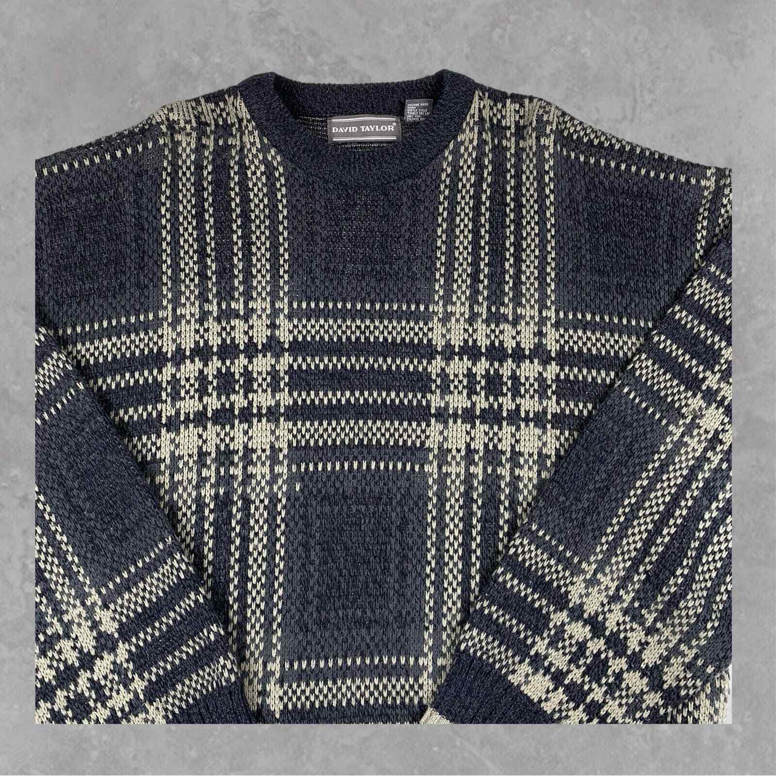 Vintage David Taylor Knit Plaid Design Sweater Size XL - Gem