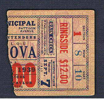1939 Philadelphia boxing ticket Tony Galento Nova Lou Comiskey Feldman ...