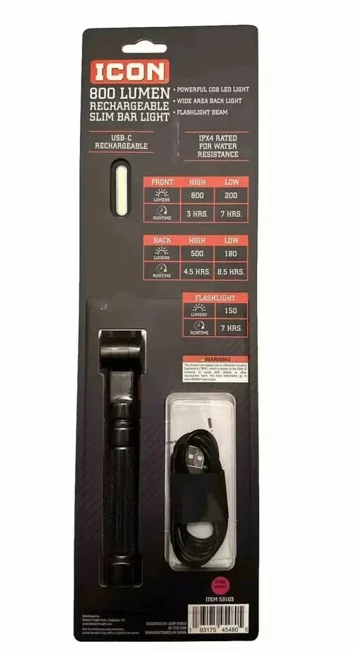ICON 800 Lumen Rechargeable Foldable Slim Bar Light for Work, Water #C4 ...
