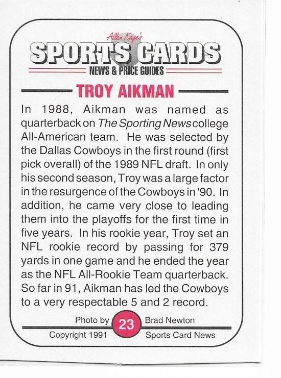 Troy Aikman 1991 Allan Kaye's Magazine #23 Football Card Excellent | eBay